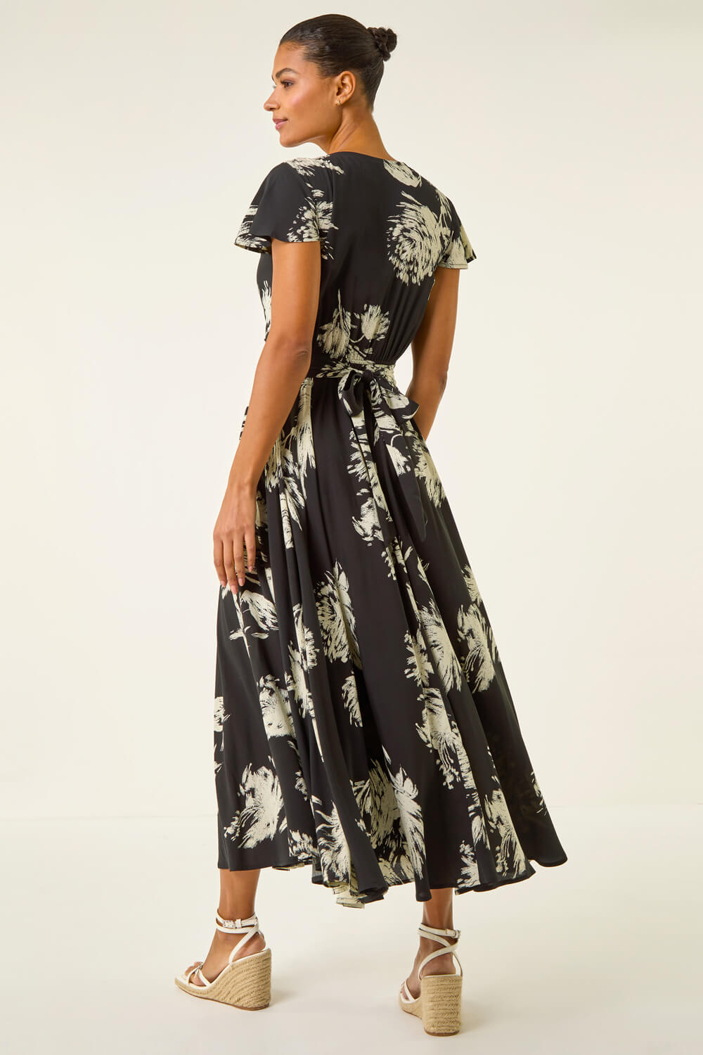 Black Floral Print Ruched Midi Dress | Roman UK