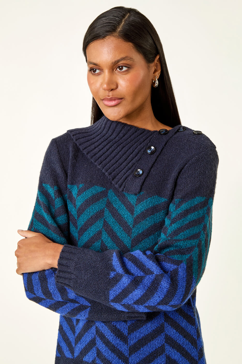 Navy Stripe Roll Neck Knit Jumper | Roman UK