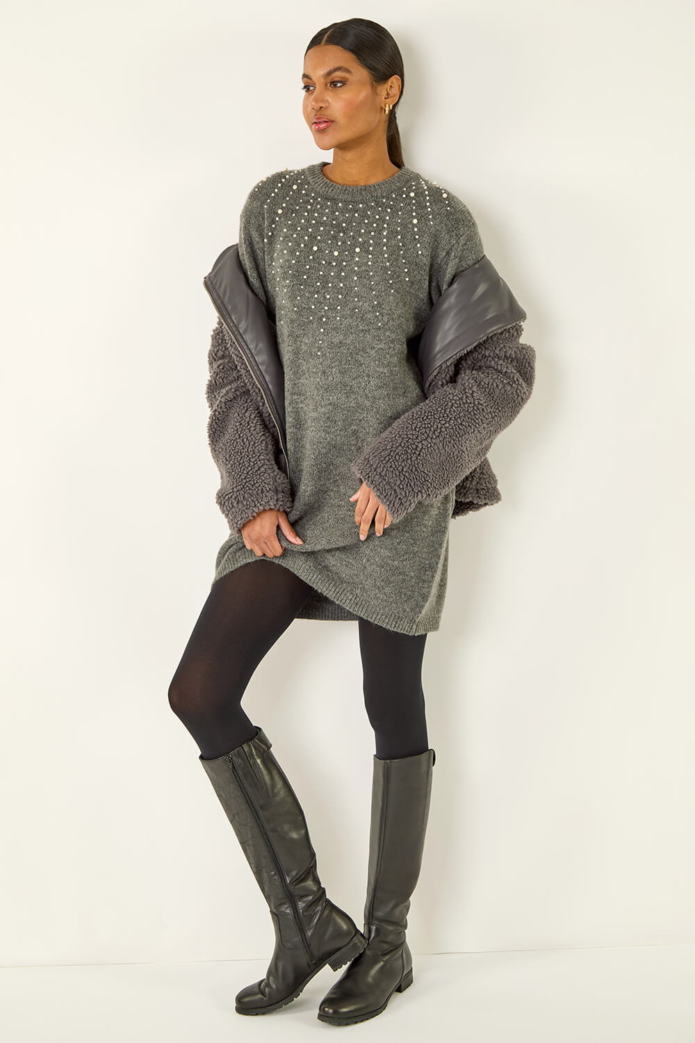 Grey Embellished Faux Pearl Knit Dress | Roman UK
