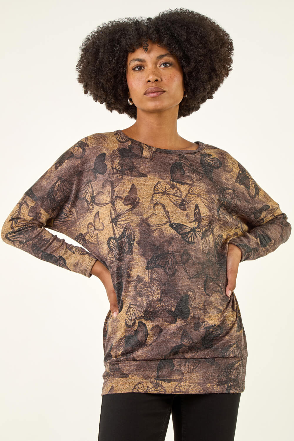 Tan Butterfly Print Snit Top | Roman UK