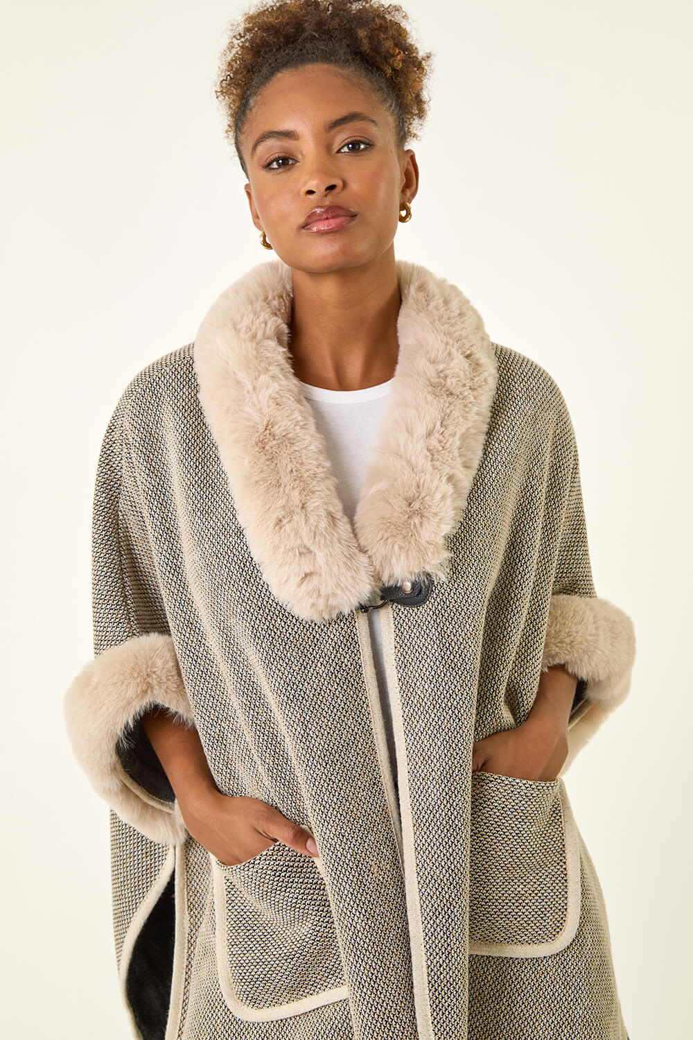 Light Grey Faux Fur Pocket Poncho | Roman UK