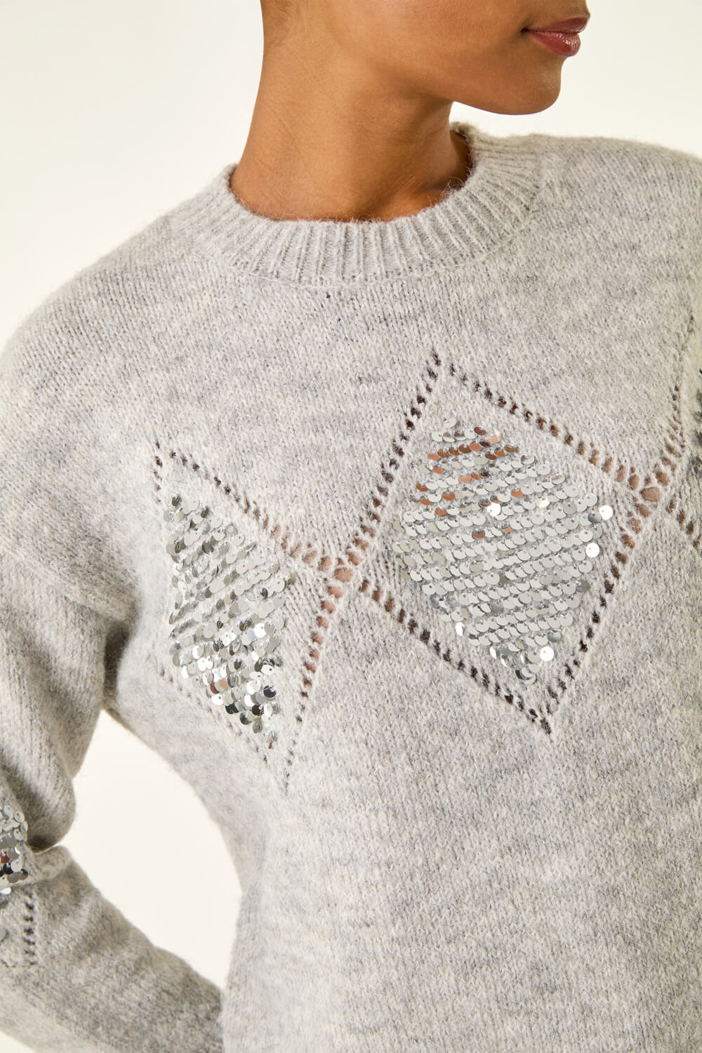 Grey Diamond Sparkly Knit Jumper | Roman UK