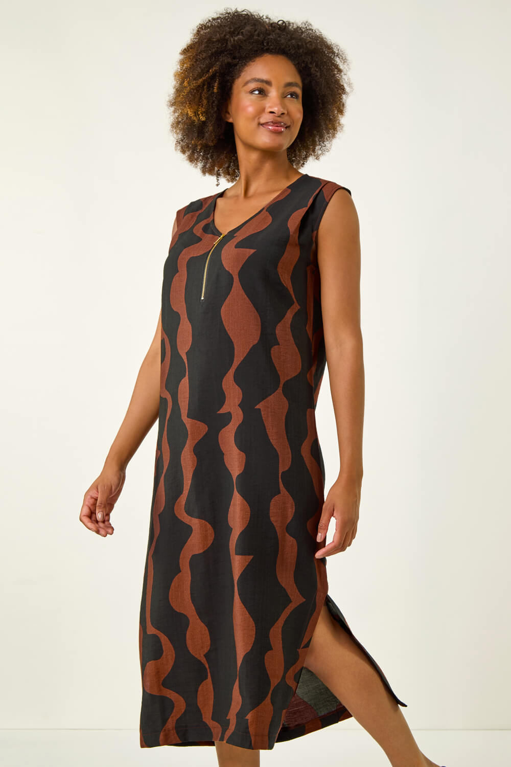 Tan Wave Zip Front Midi Shift Dress | Roman UK