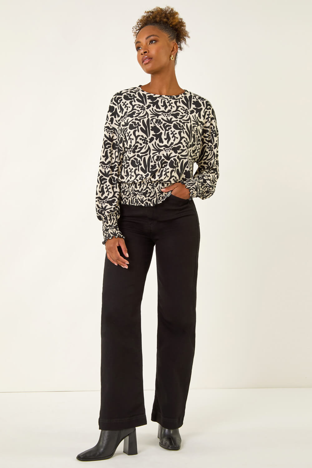Black Abstract Print Stretch Top | Roman UK