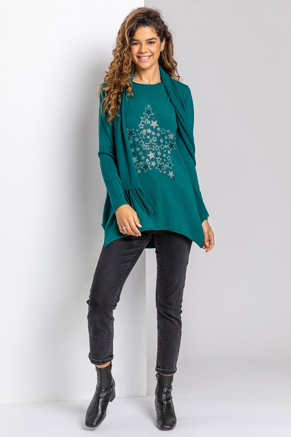 Star Print Embellished Tunic with Scarf in Green - Roman Originals UK