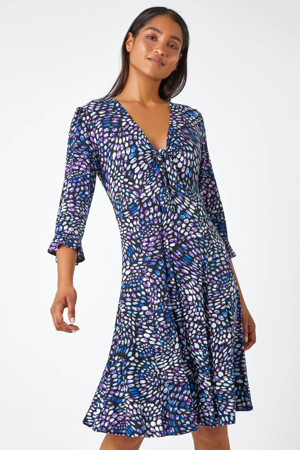 Purple Mosaic Print Frill Hem Stretch Dress | Roman UK