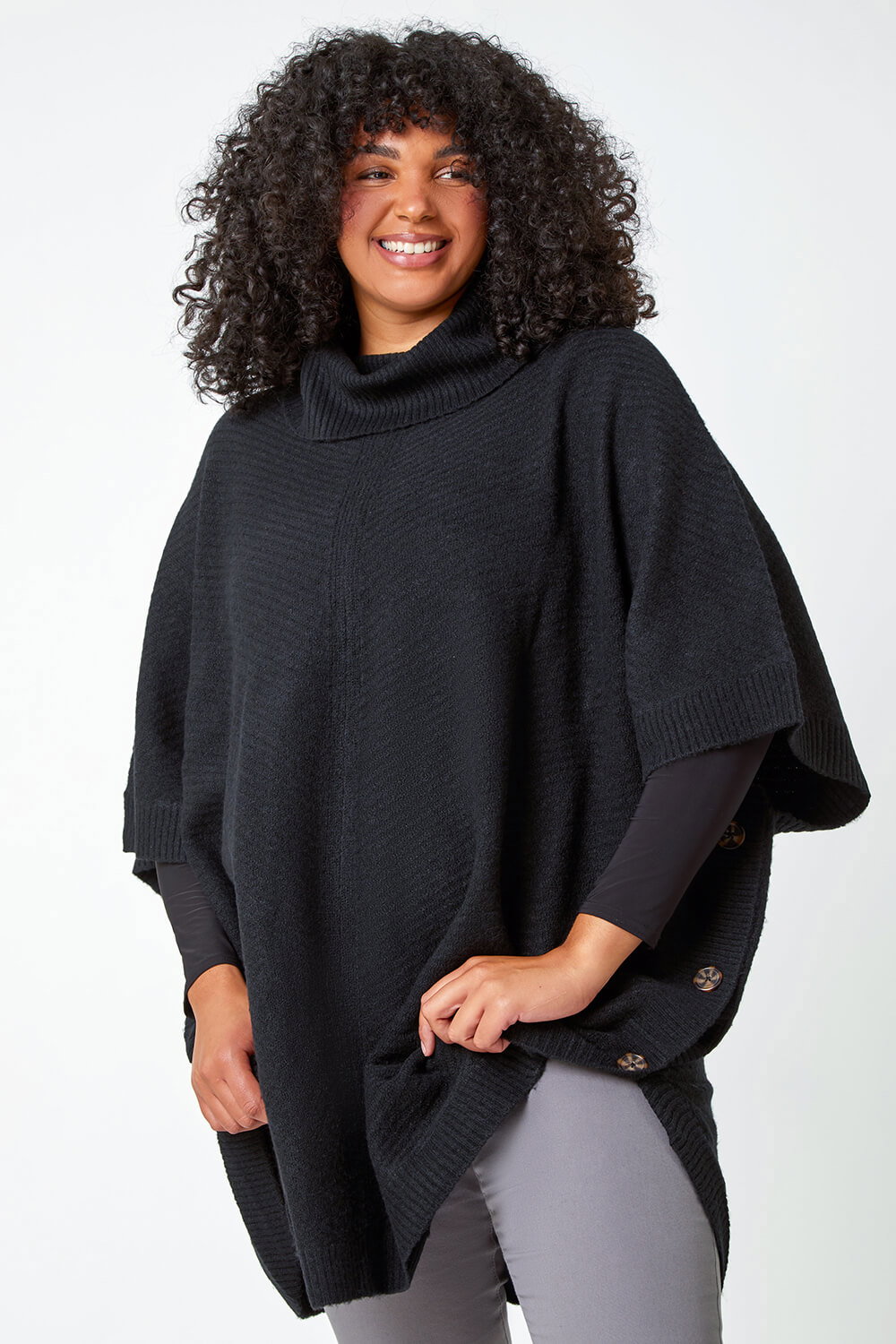Black Curve Button Detail Stretch Poncho | Roman UK