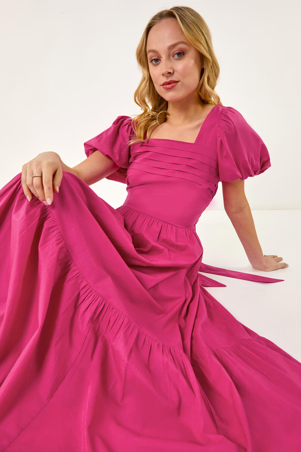 Pink Dusk Cotton Pleated Puff Midi Dress | Roman UK