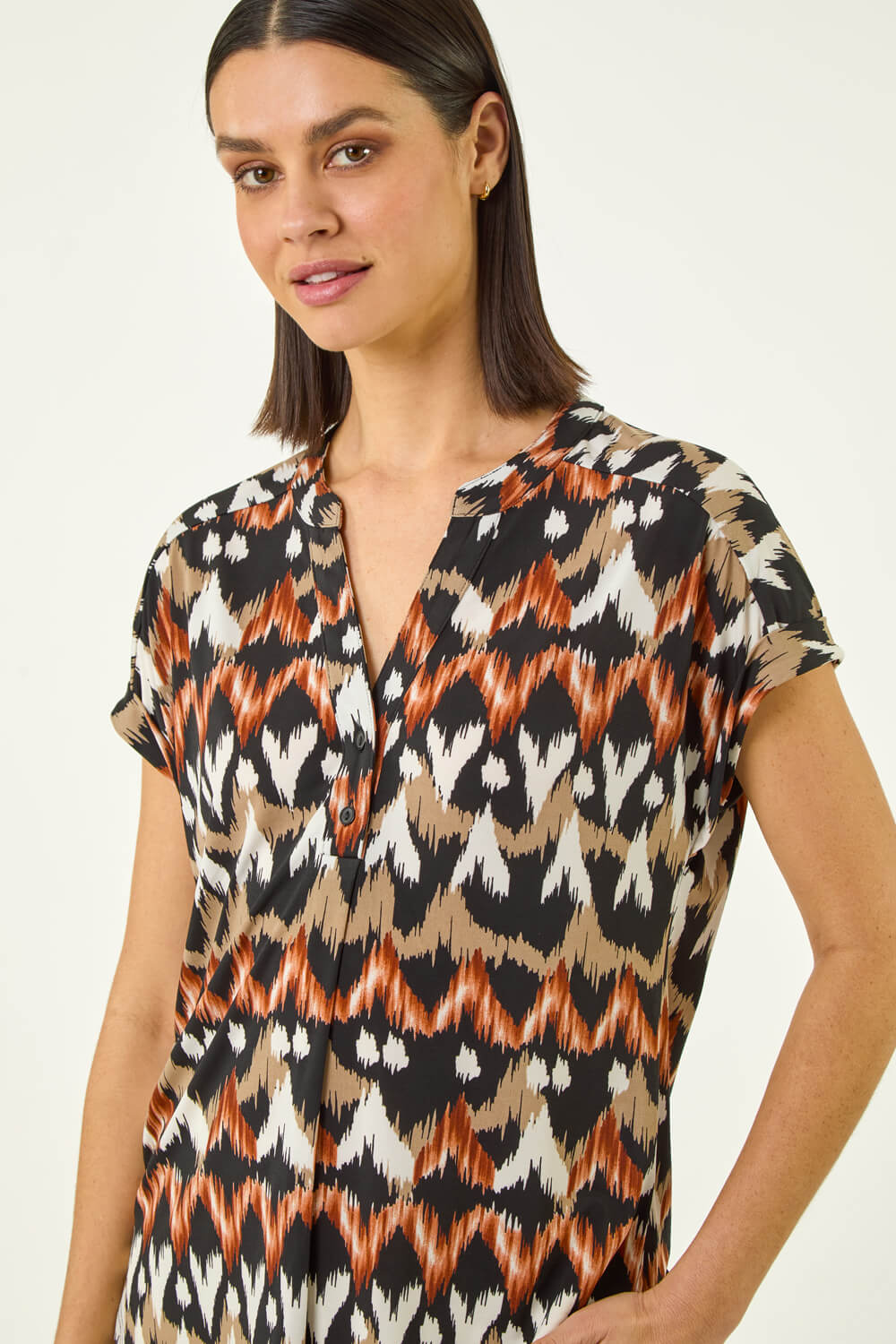 Black Abstract Print Stretch Top | Roman UK