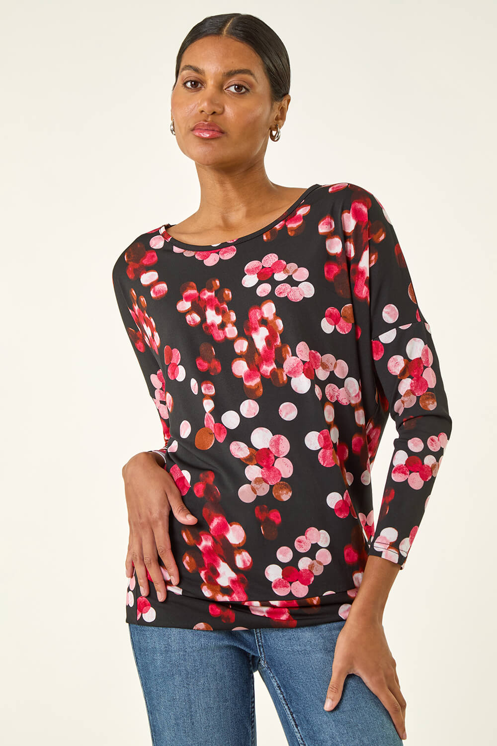 Red Spot Print Band Hem Top | Roman UK