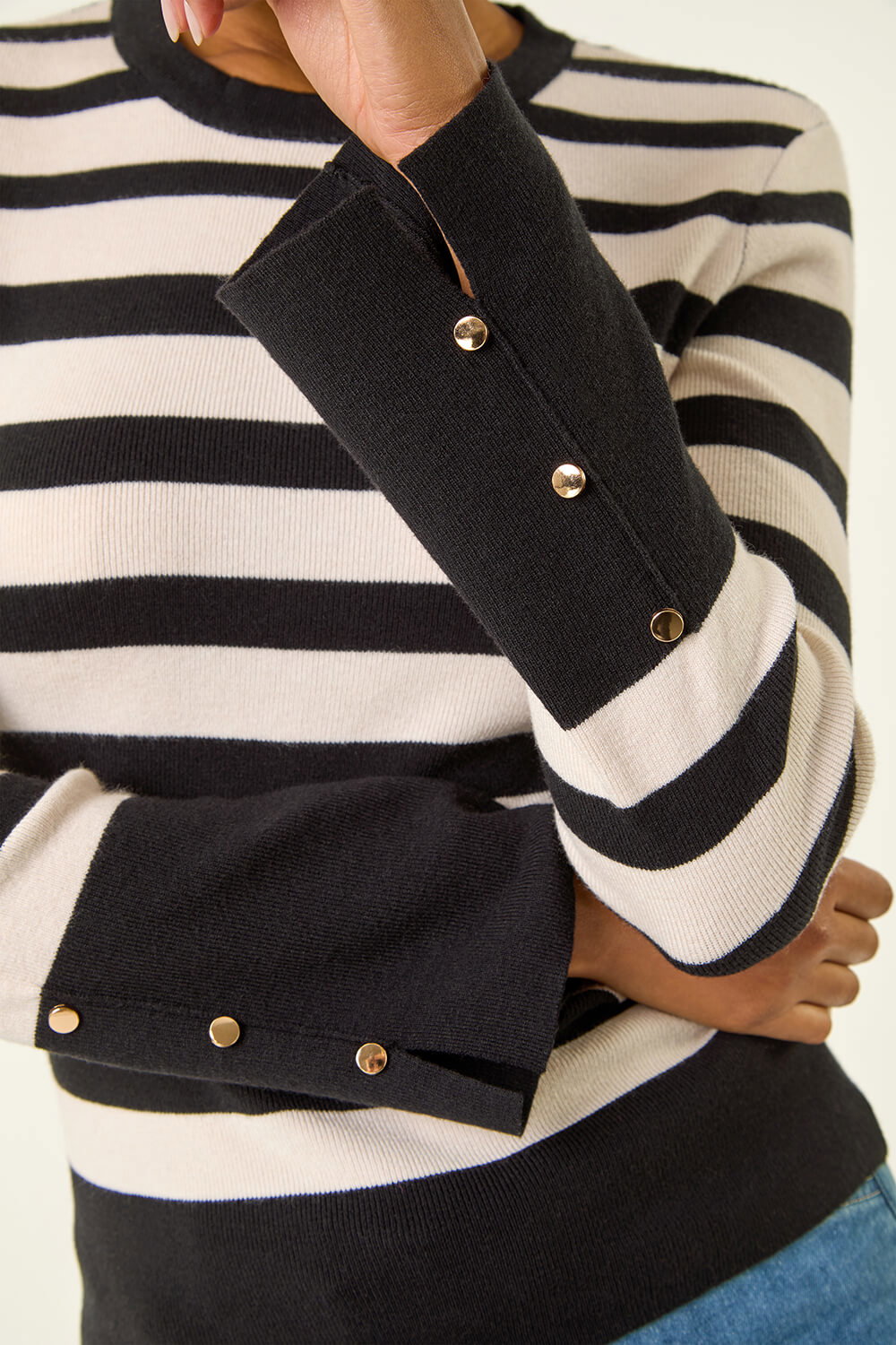 Ivory Stripe Button Detail Knit Jumper | Roman UK