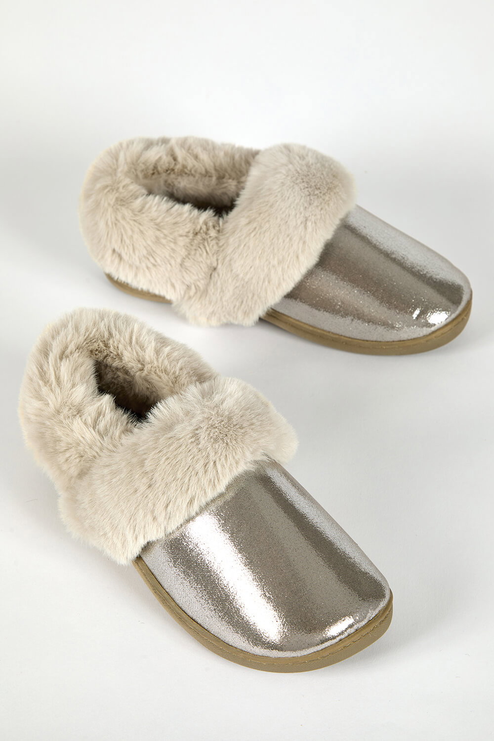 Silver Closed Metallic Faux Fur Slippers | Roman UK