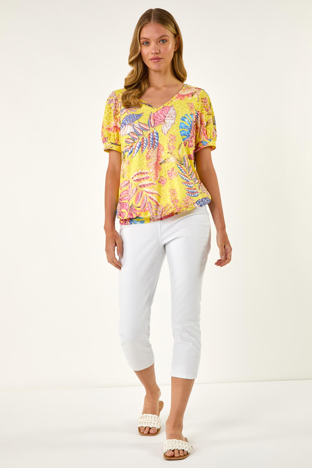 Yellow Floral Print Bubble Hem Tee | Roman UK