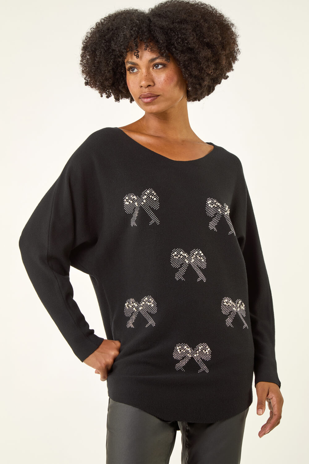 Black Sequin Bow Knit Jumper | Roman UK