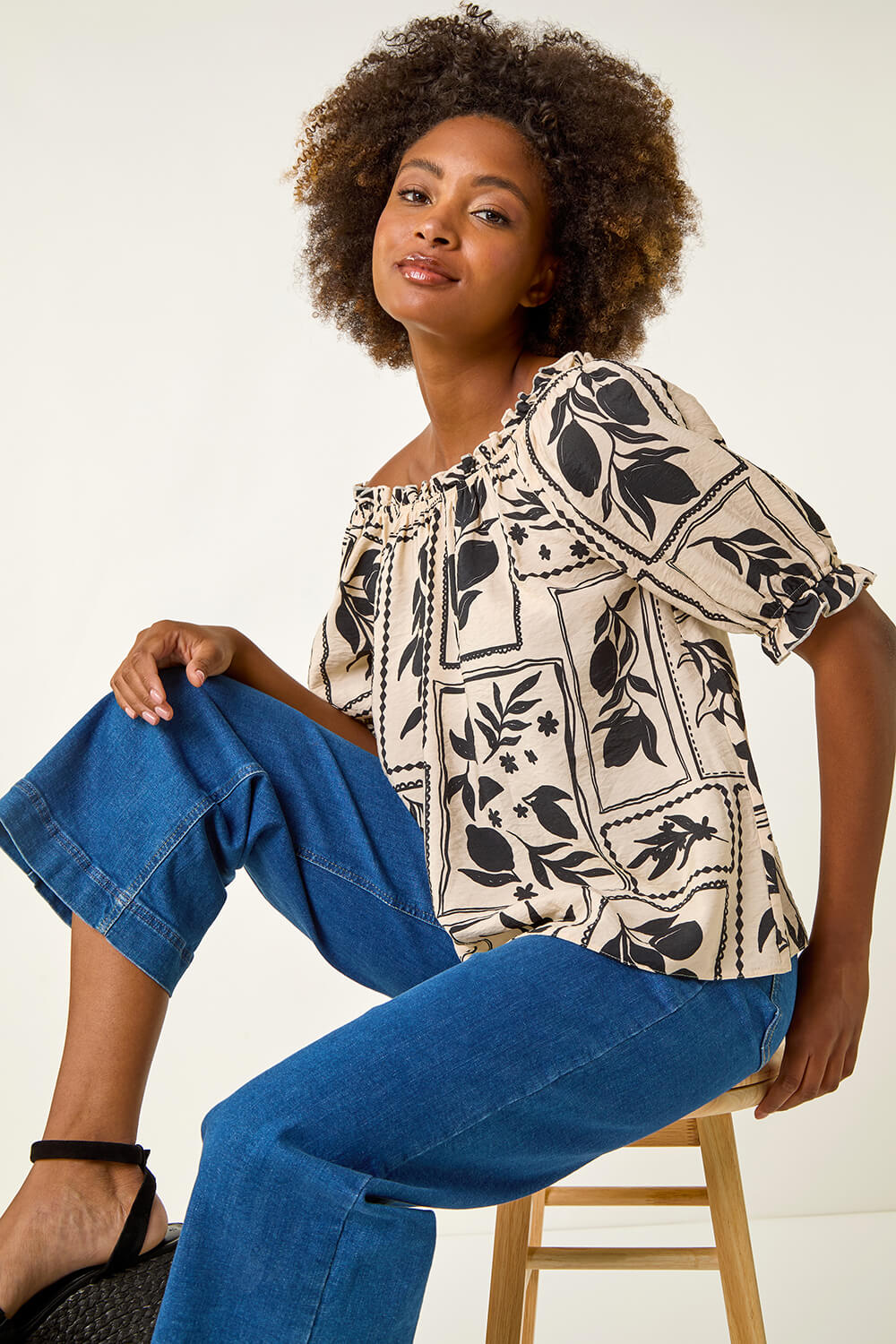 Black Mono Print Bardot Top | Roman UK