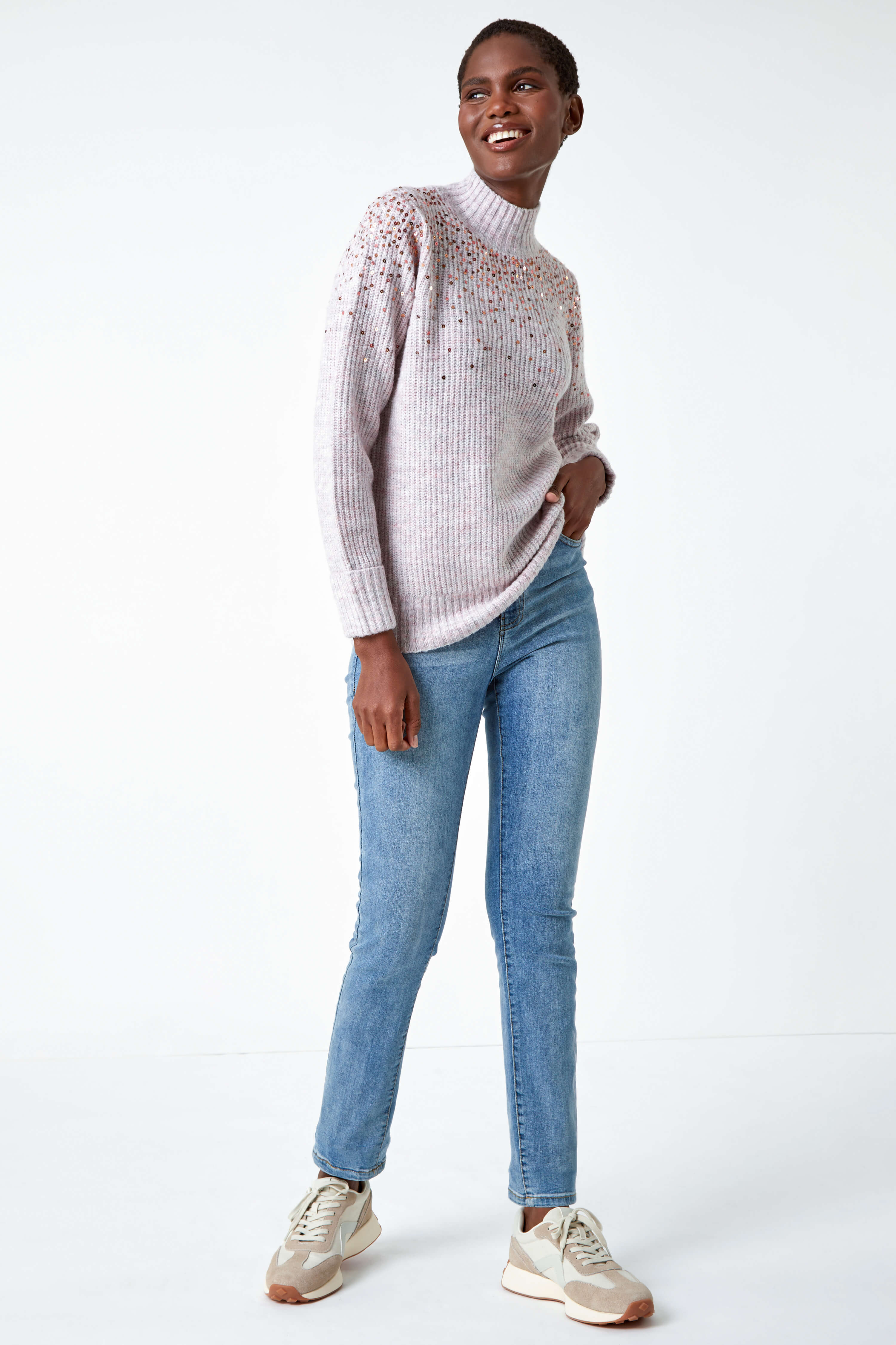 Pink Embellished Sequin Ribbed Stretch Jumper | Roman UK