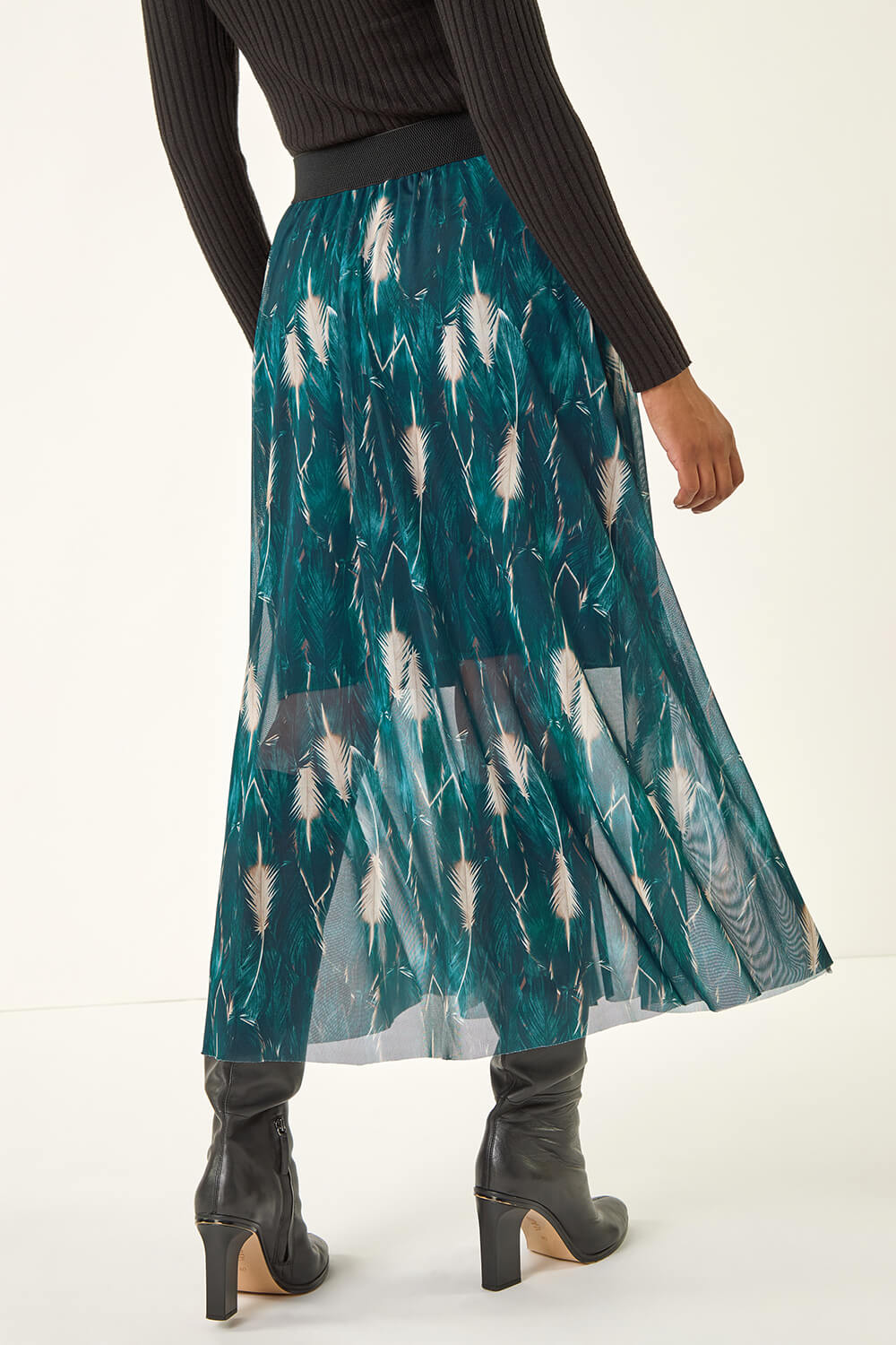 Petrol Blue Abstract Print Mesh Overlay Skirt | Roman UK