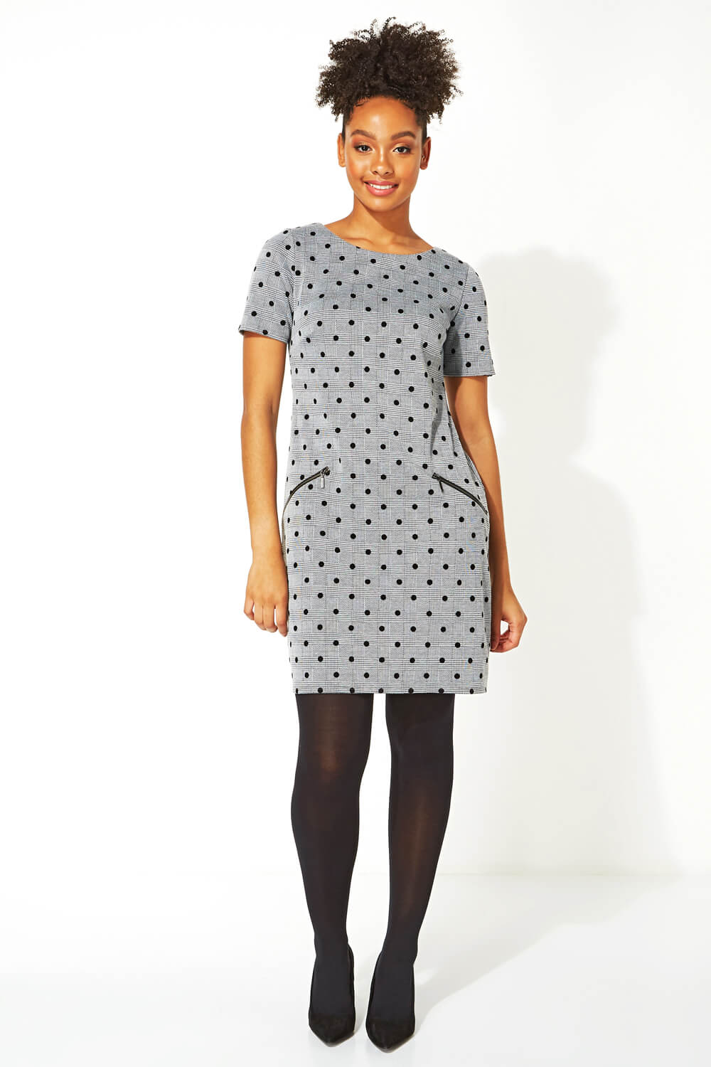 Polka Dot Checked Smart Shift Dress in Grey - Roman Originals UK