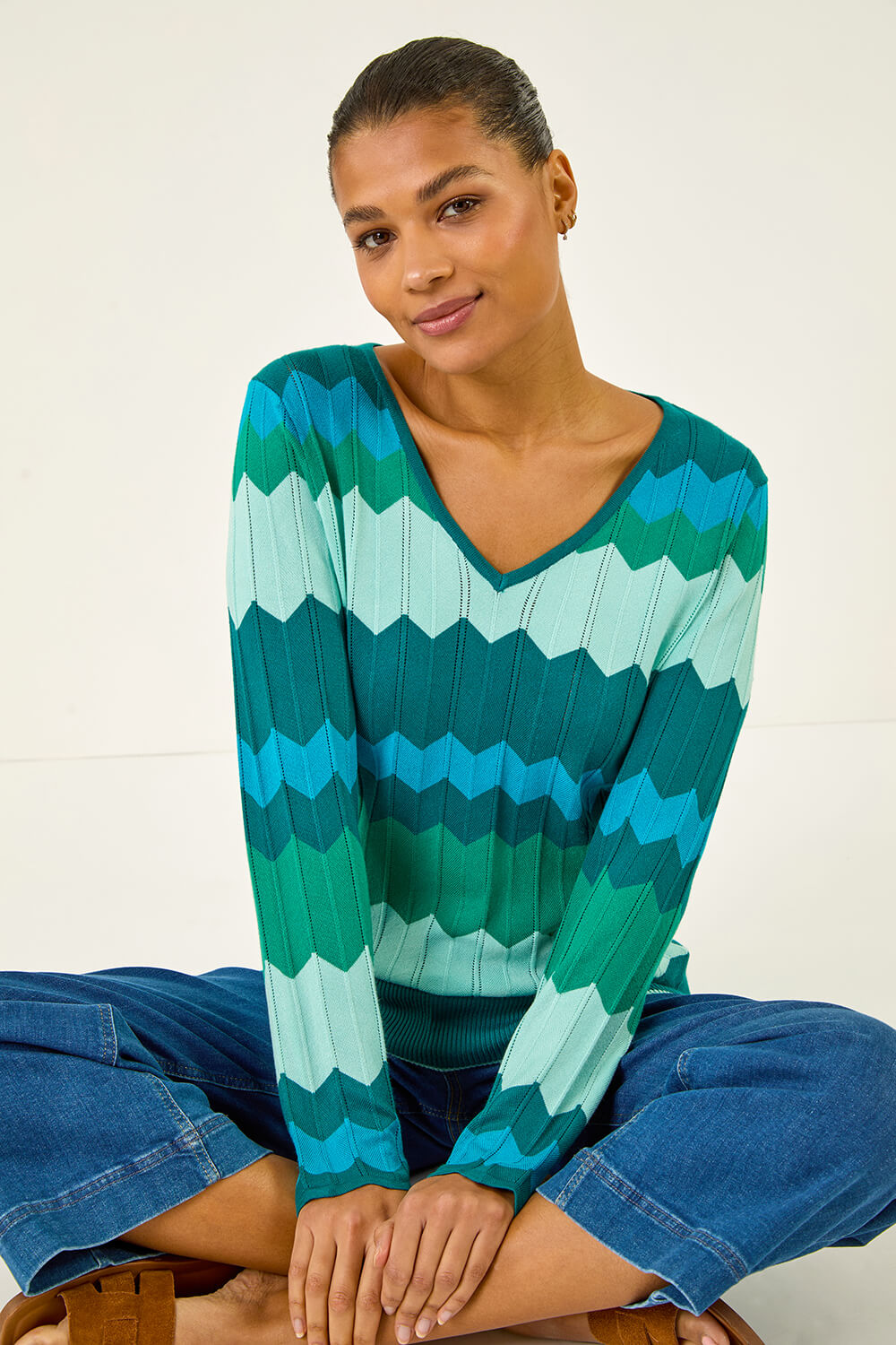 Blue Wave V-Neck Knit Jumper | Roman UK
