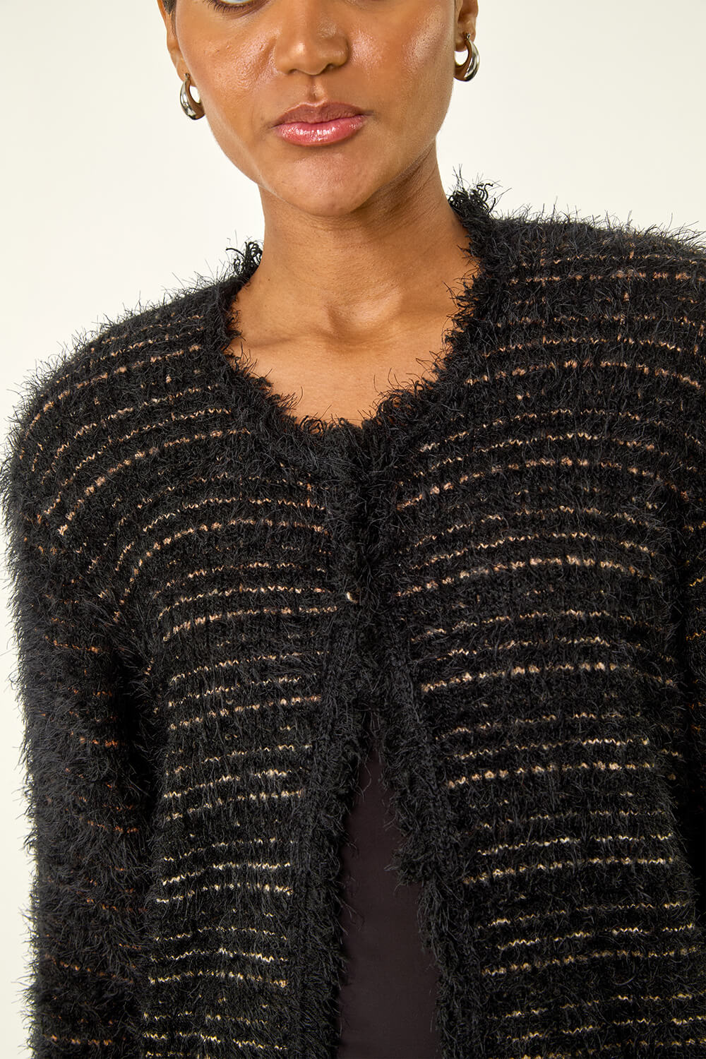 Black Fluffy Textured Knit Cardigan | Roman UK