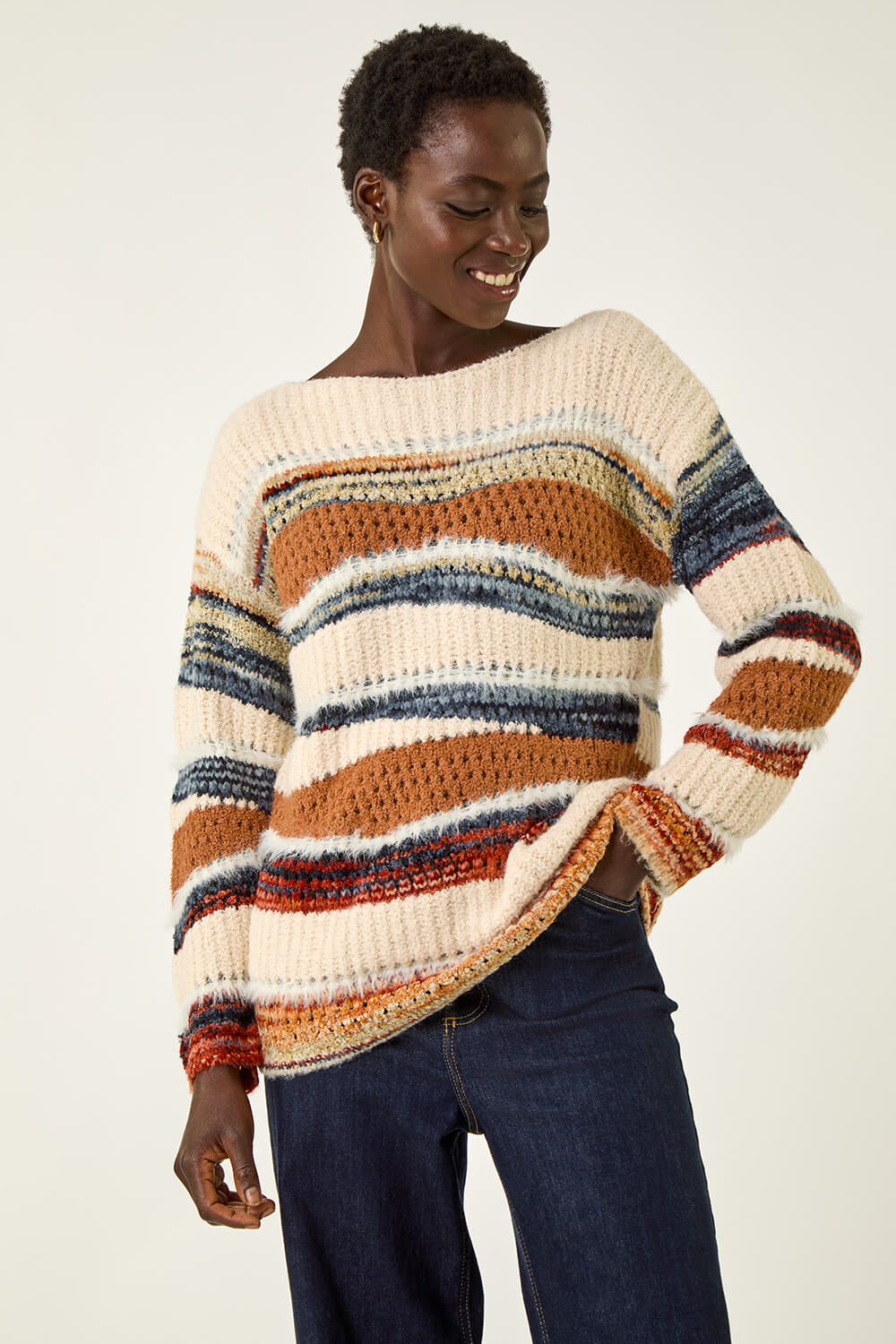 Brown Jacquard Slash Neck Knit Jumper | Roman UK