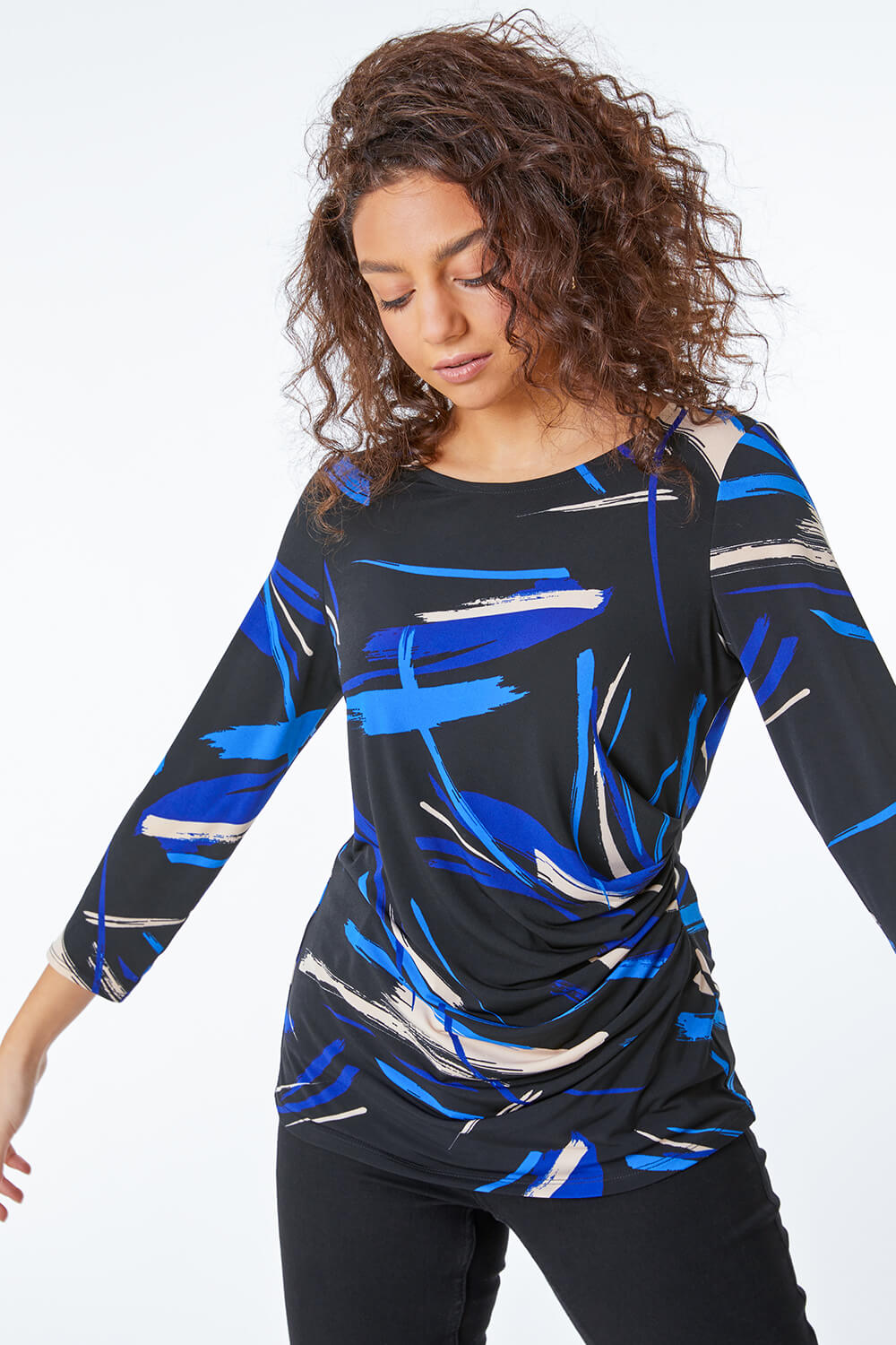 Petite Ruched Side Abstract Top in Royal Blue | Roman UK