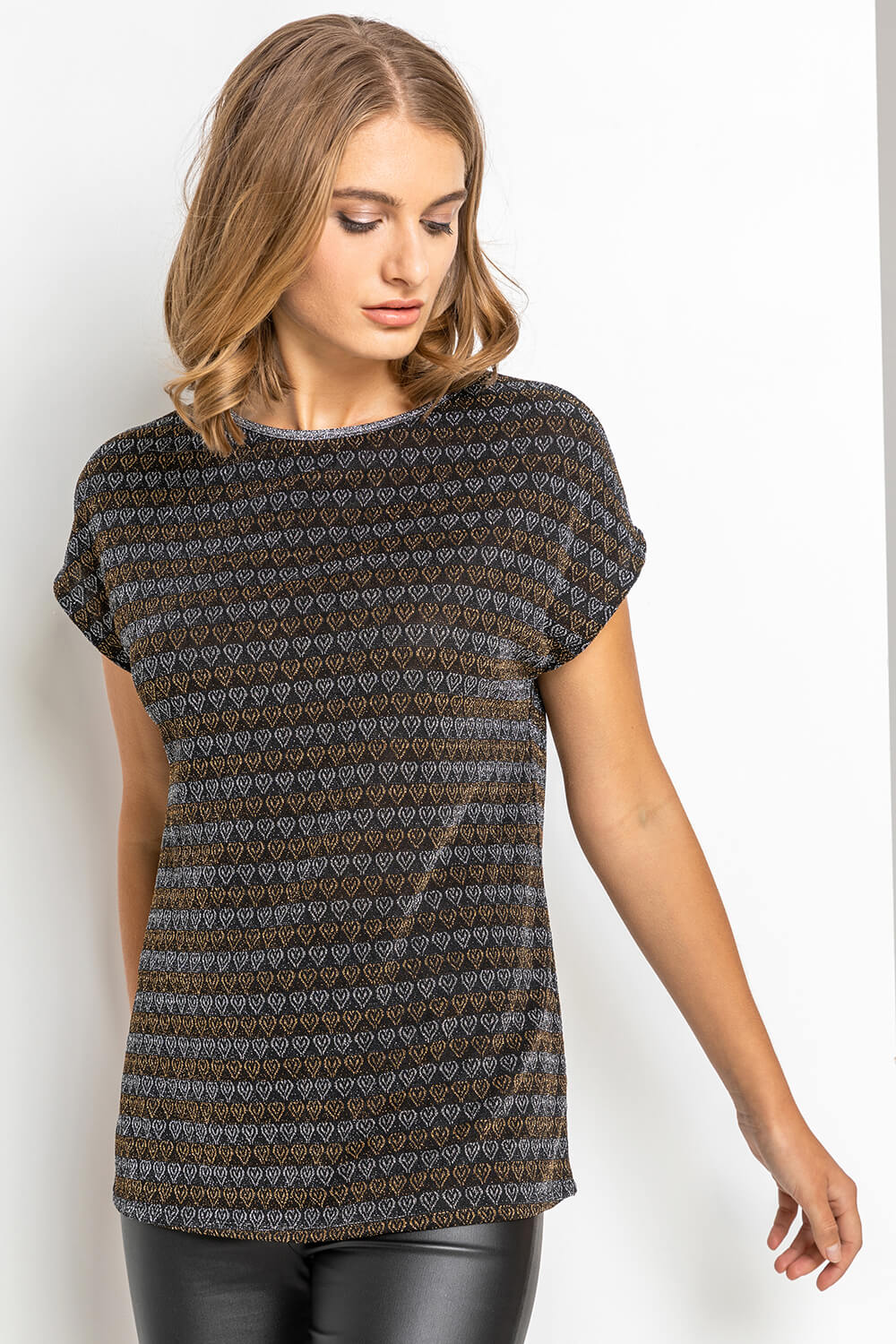 Shimmer Metallic Heart Print Top in Gold - Roman Originals UK
