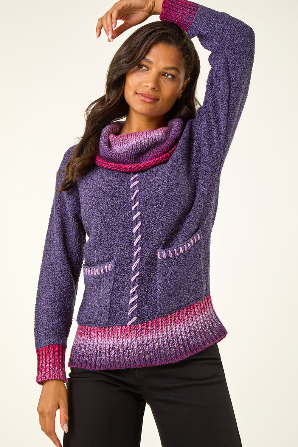 Purple Roll Neck Patch Pocket Knit Jumper | Roman UK