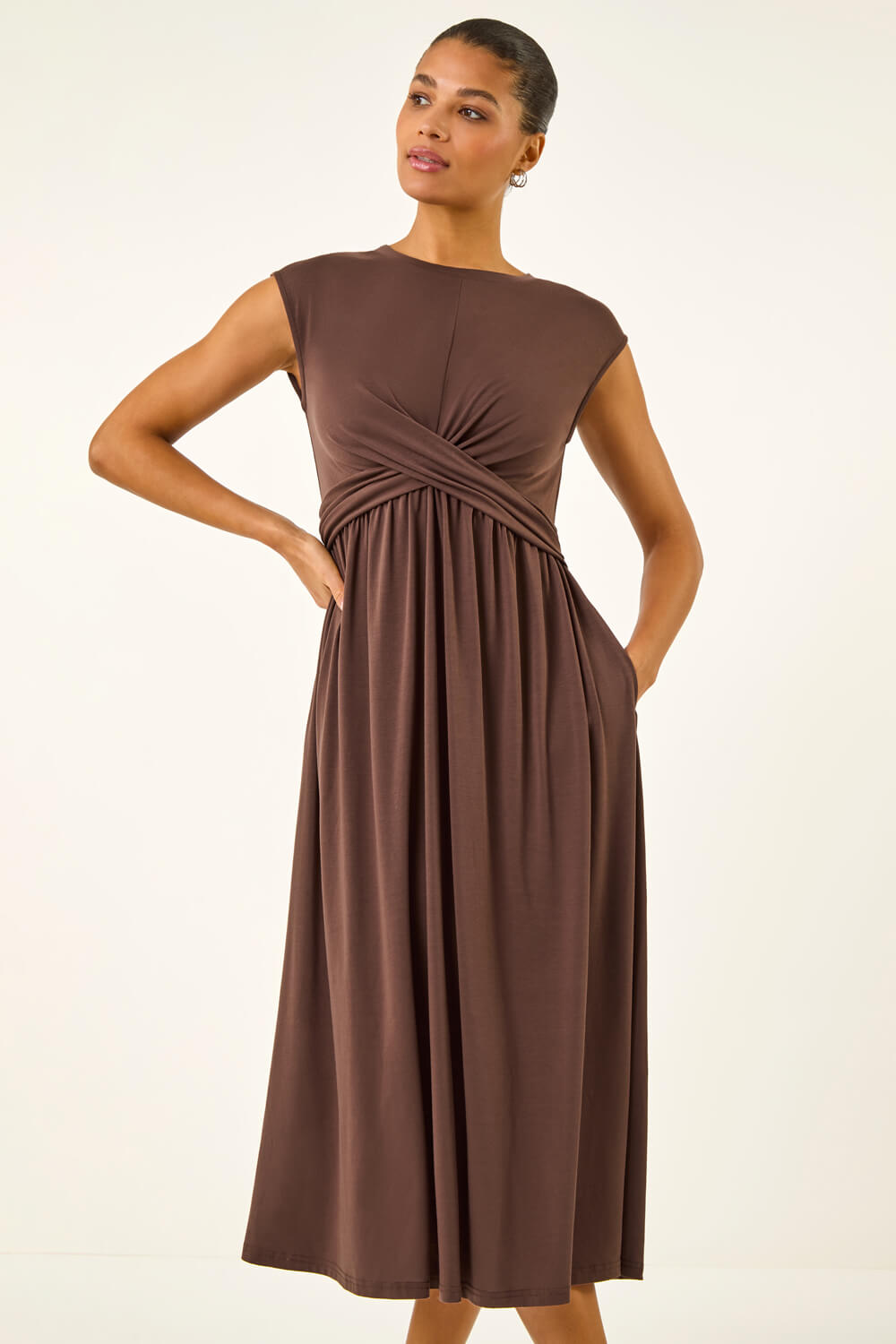 Chocolate Crossover Front Stretch Midi Dress | Roman UK