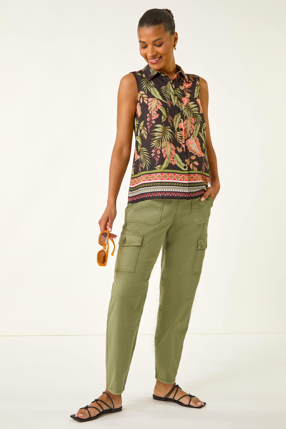 Black Floral Border Print Button Blouse | Roman UK