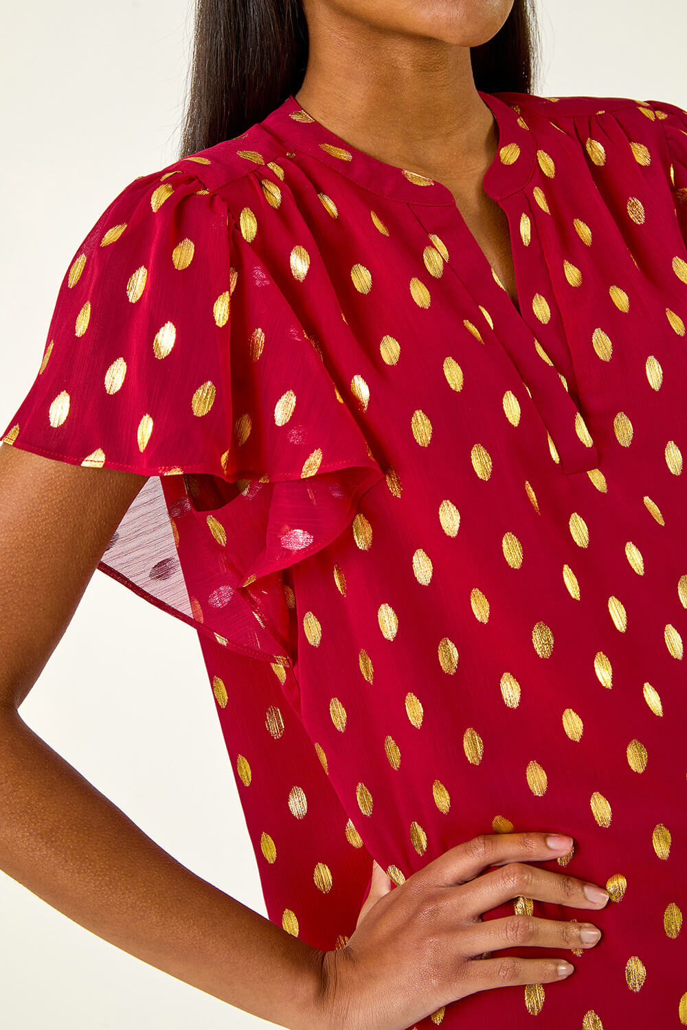 Red Foil Spot Print V-Neck Top | Roman UK