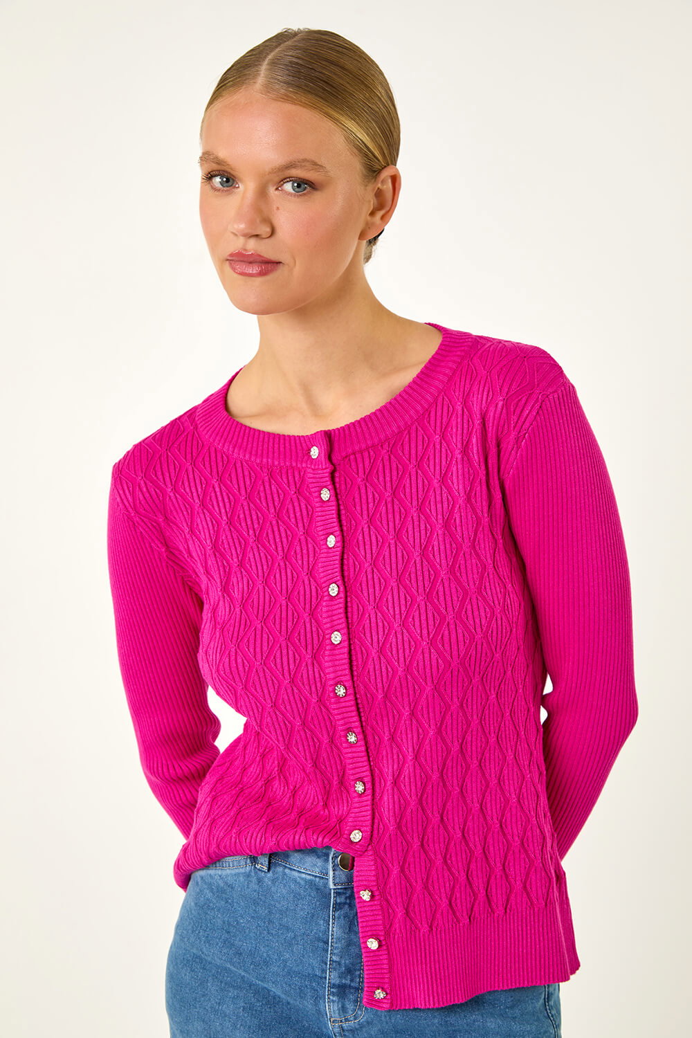 Fuchsia Textured Button Front Knit Cardigan | Roman UK