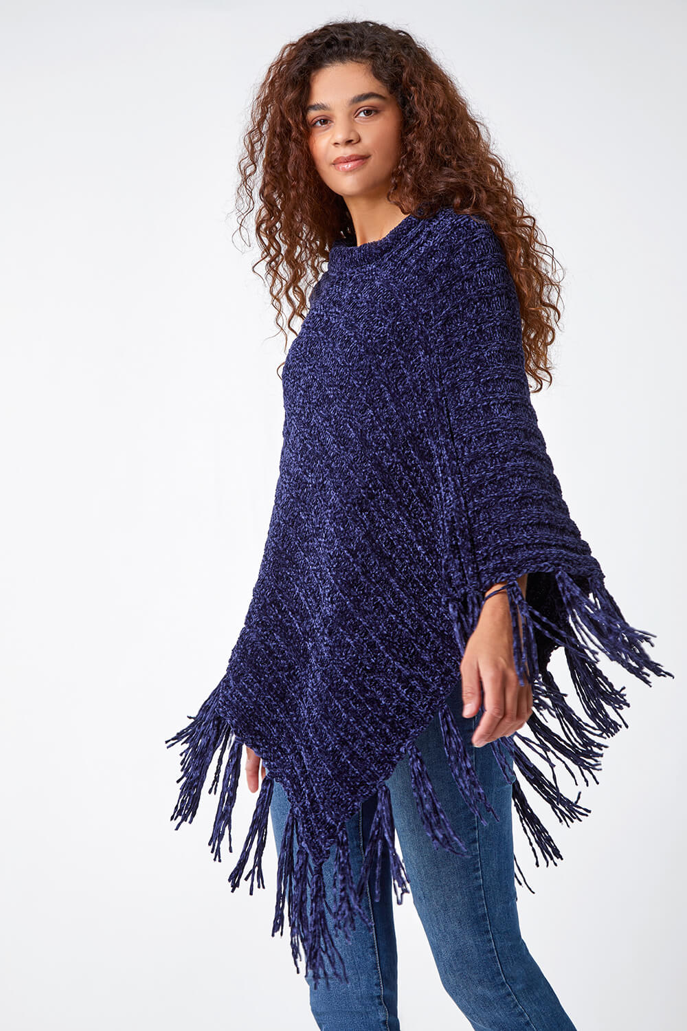 Midnight Blue Chenille Tassel Trim Poncho | Roman UK