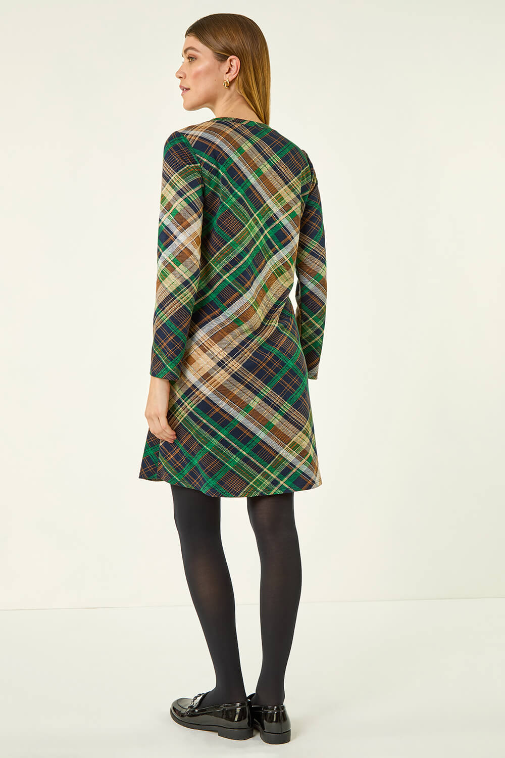 Green Check Print Swing Pocket Dress | Roman UK