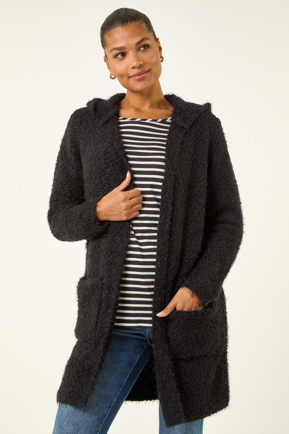 Black Fluffy Hooded Cardigan | Roman UK