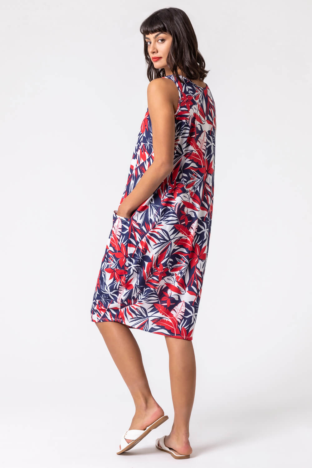 Tropical Leaf Print Slouch Pocket Dress in Navy - Roman Originals UK
