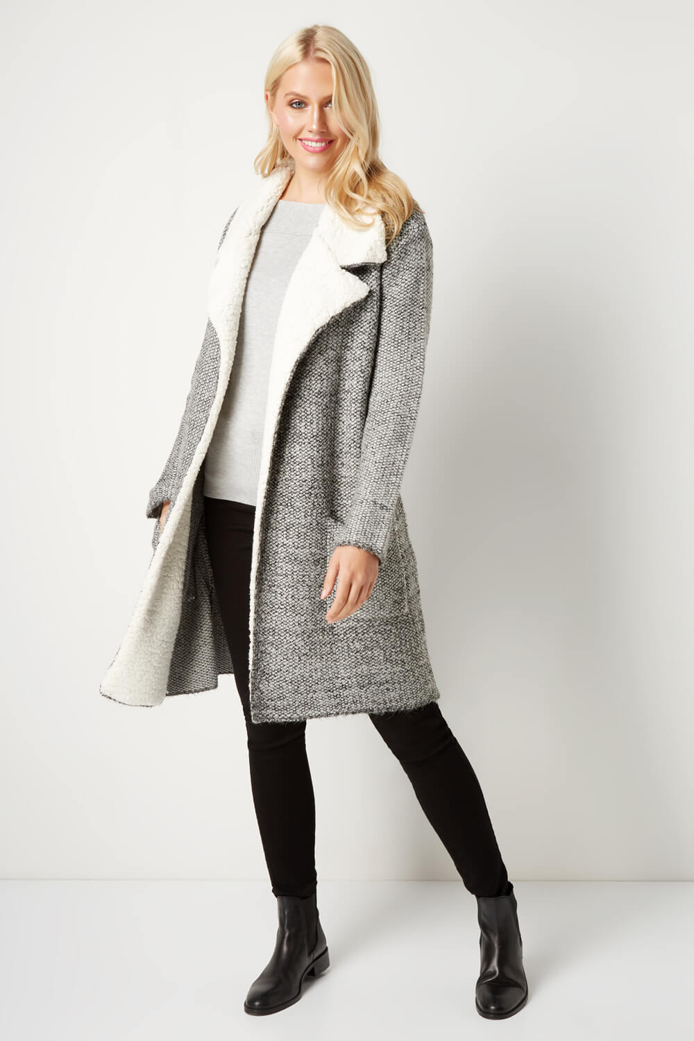 Textured Faux Fur Coatigan in Grey - Roman Originals UK