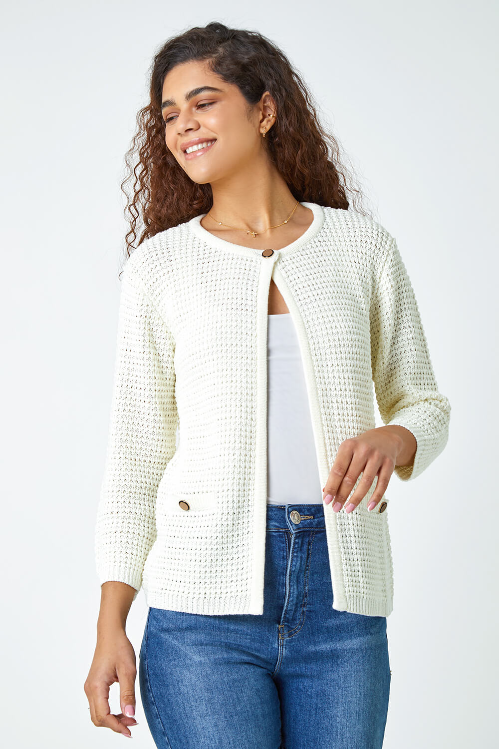 Ivory Waffle Knit Mock Pocket Cardigan | Roman UK