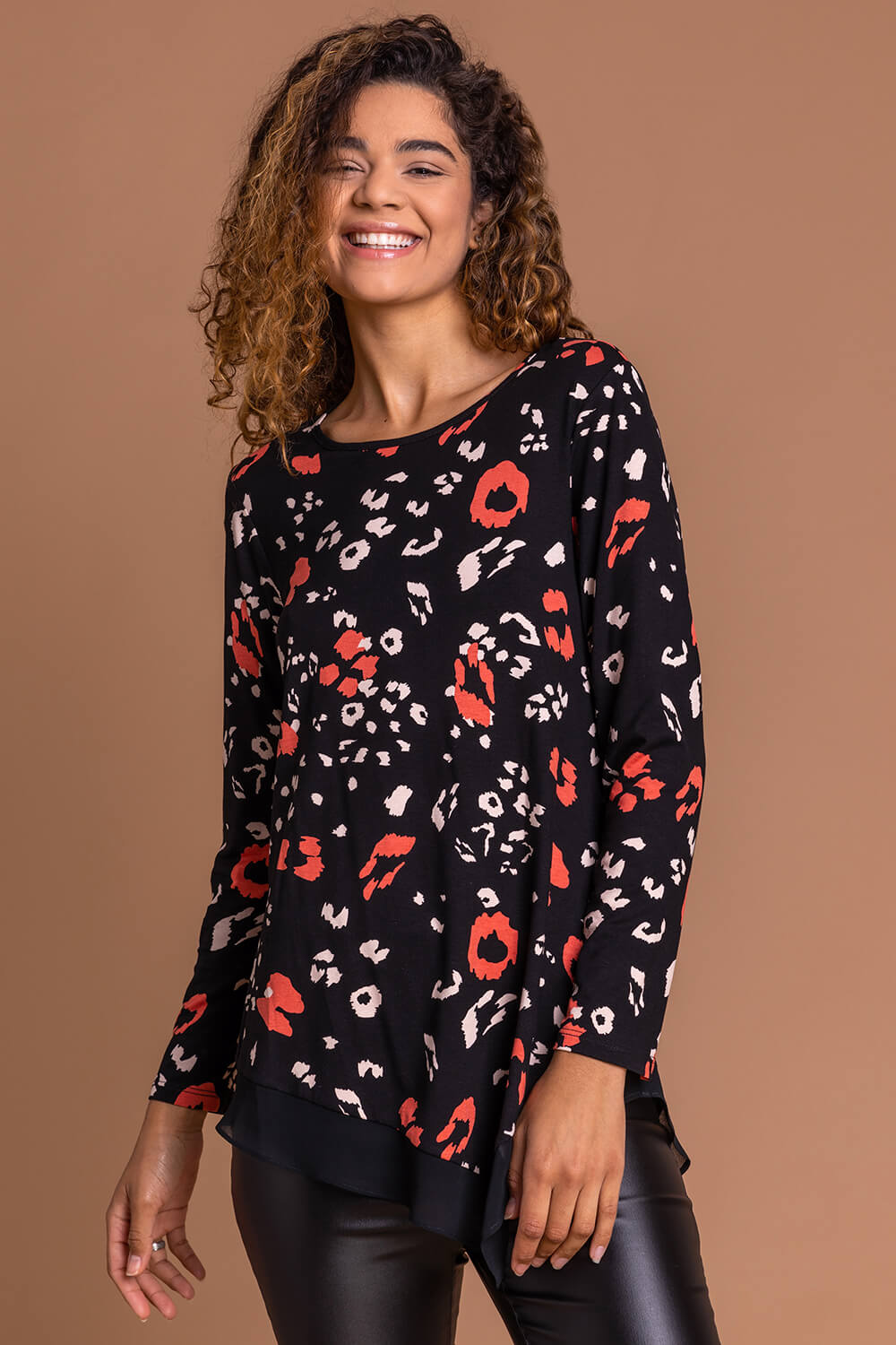 Animal Chiffon Hem Asymmetric Top in Rust - Roman Originals UK