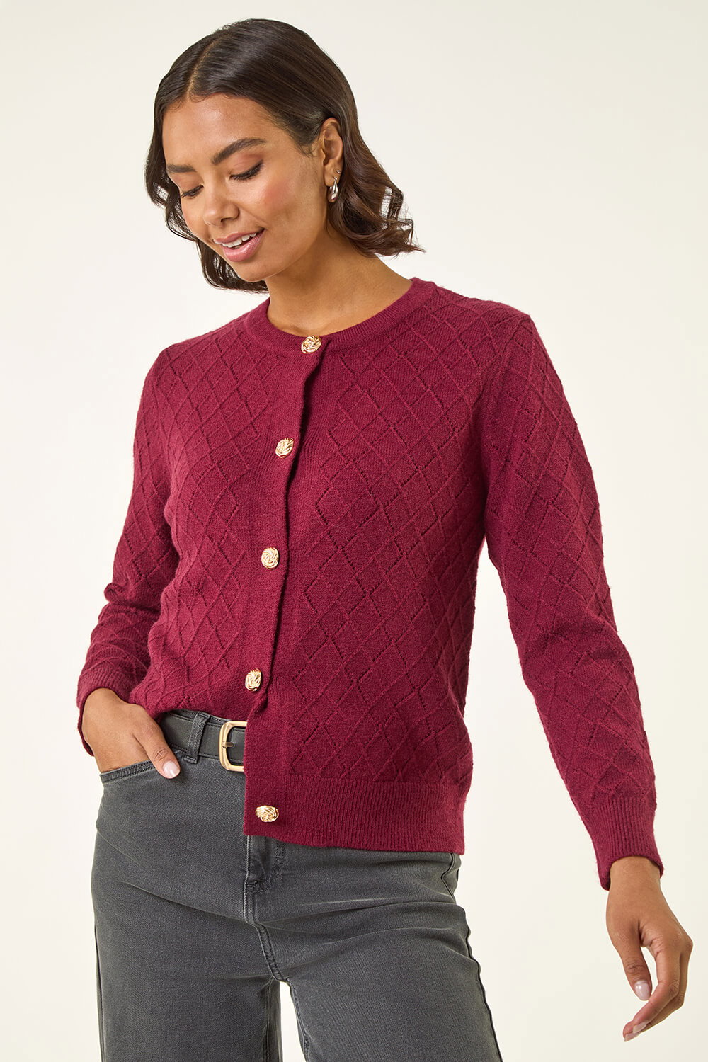 Burgundy Cable Knit Buttoned Cardigan | Roman UK