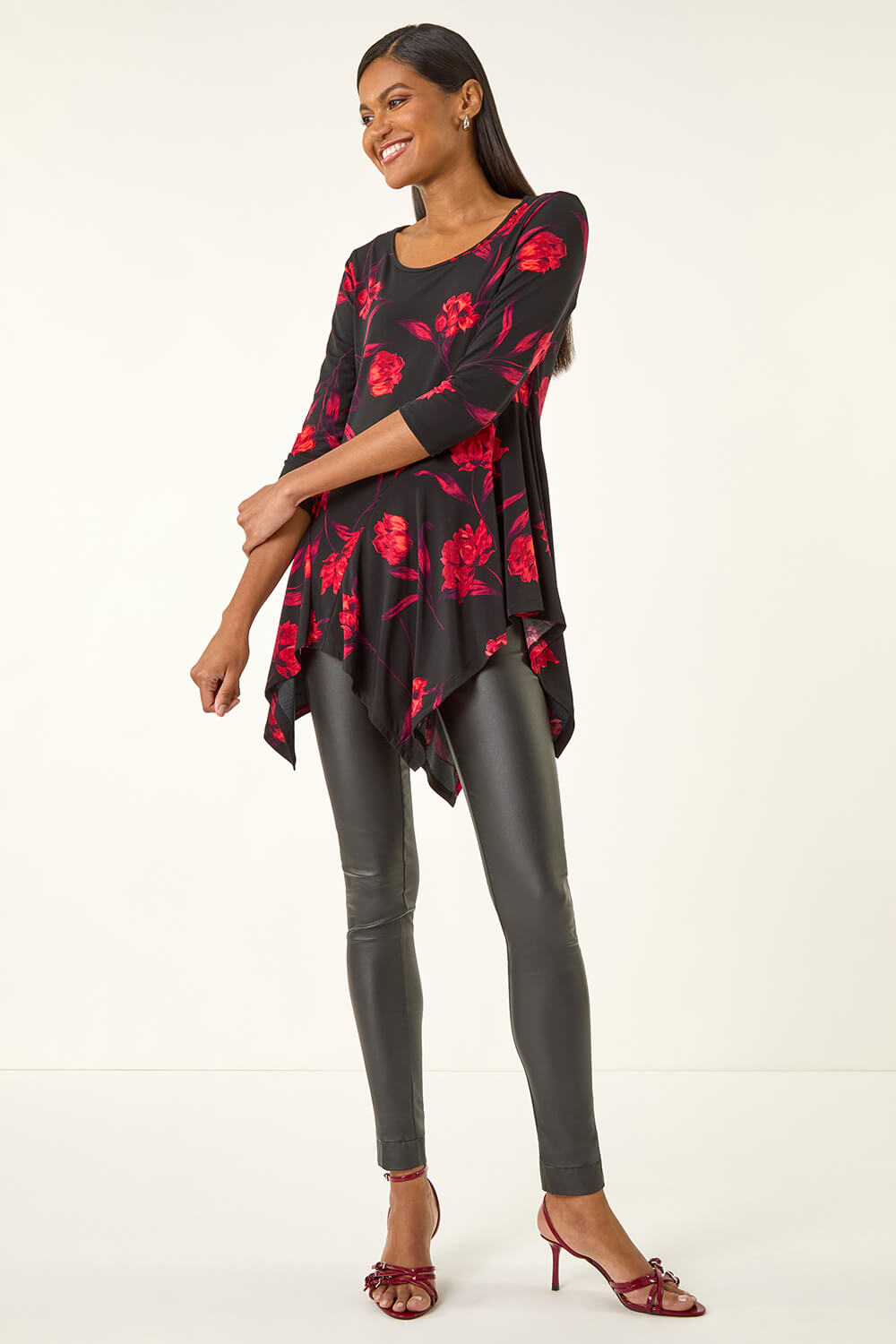 Red Floral Print Asymmetric Stretch Top | Roman UK