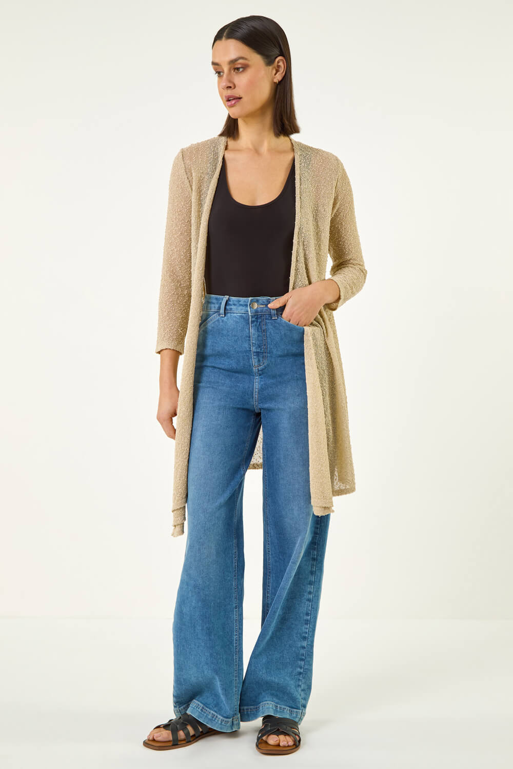 Beige Waterfall Longline Knit Cardigan | Roman UK