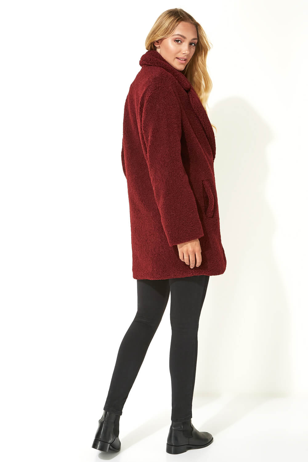 Longline Soft Faux Fur Teddy Coat in Wine - Roman Originals UK