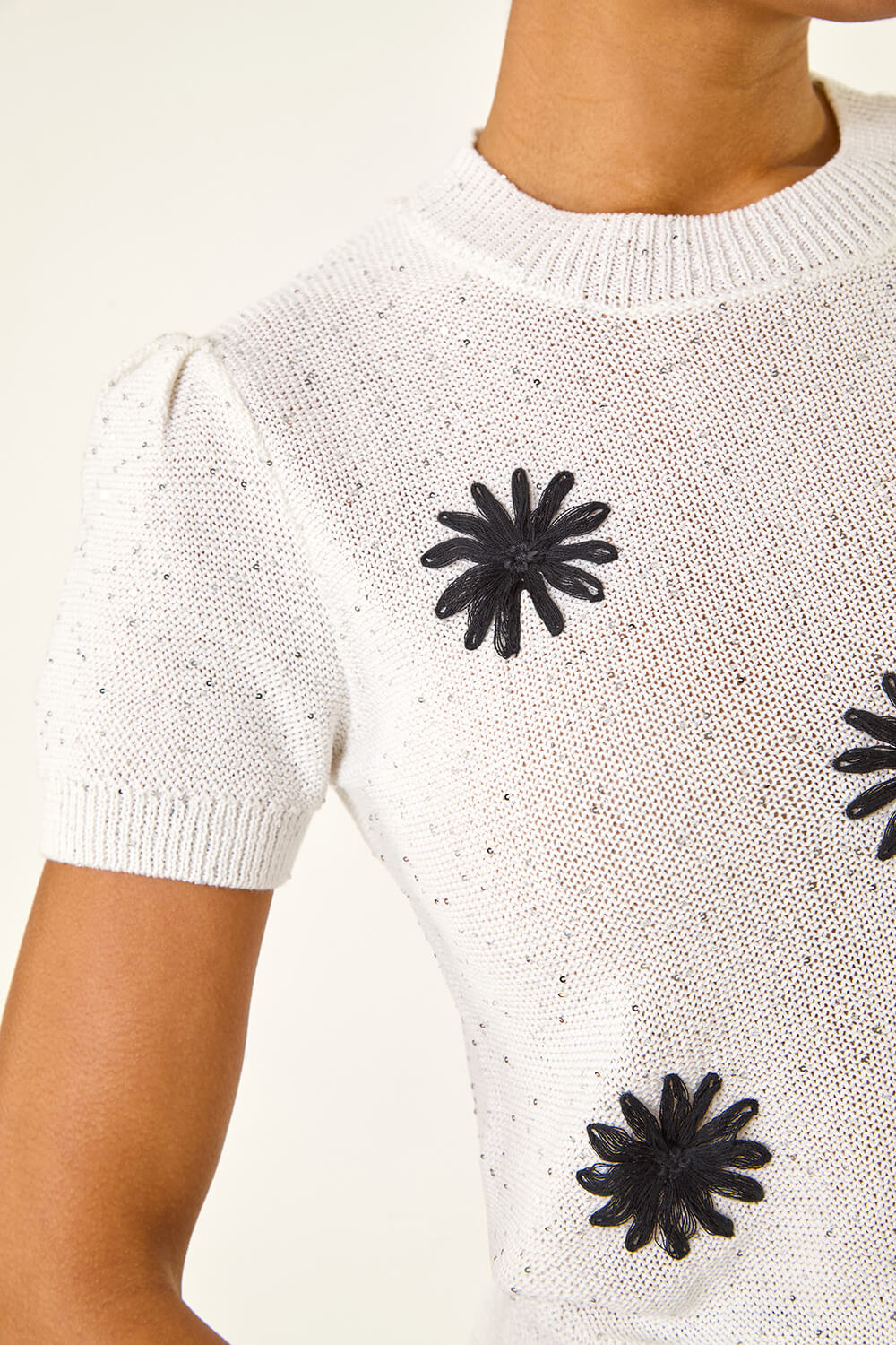 Ivory Daisy Sequin Embroidered Knit Top | Roman UK