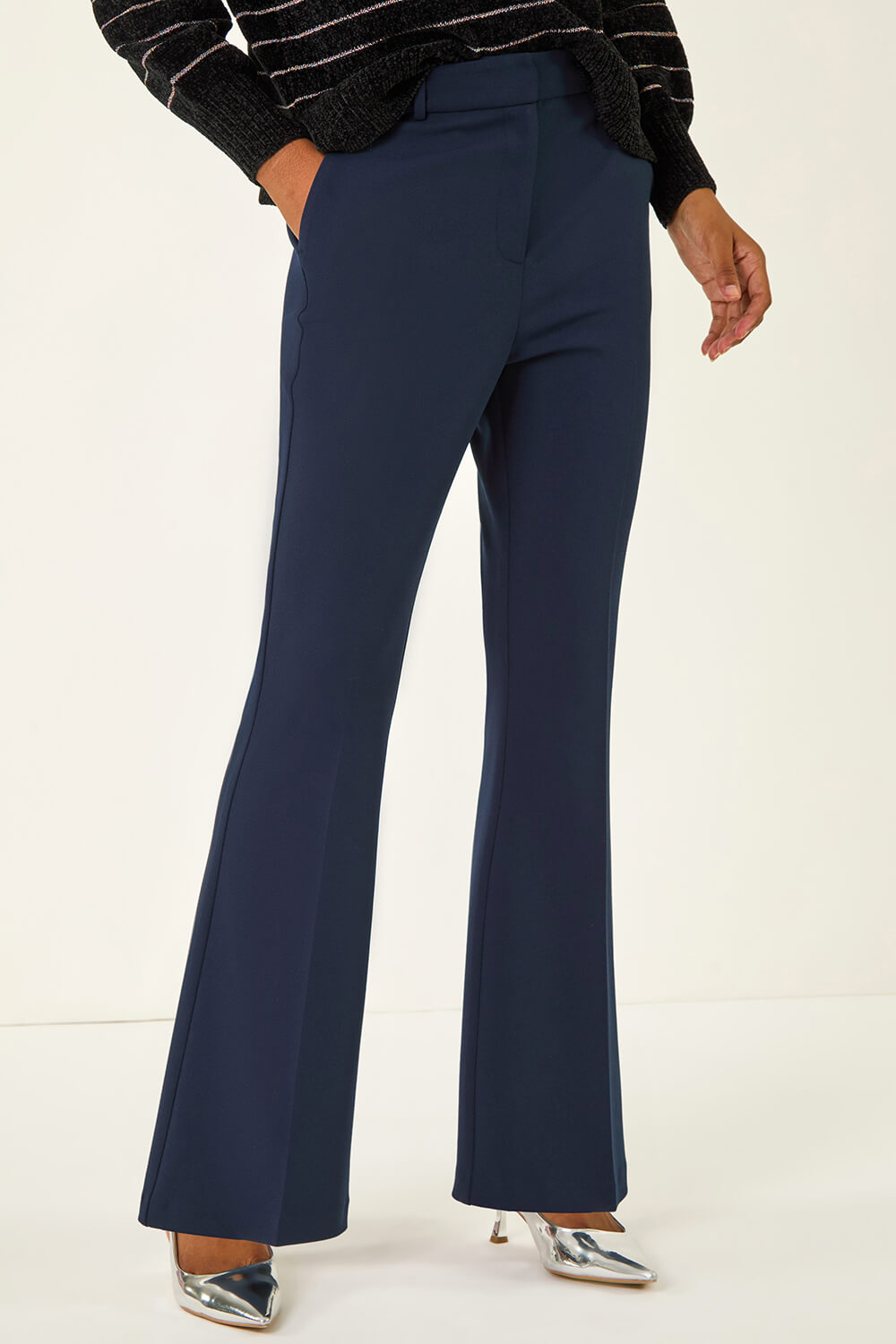 Navy Short Bootcut Stretch Trousers | Roman UK