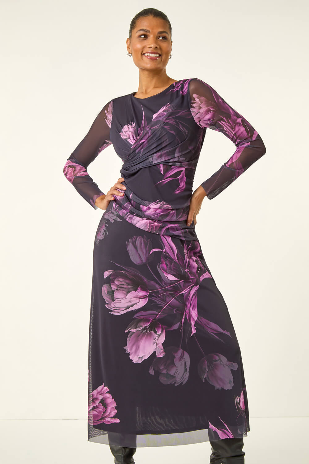 Purple Floral Mesh Stretch Maxi Dress | Roman UK