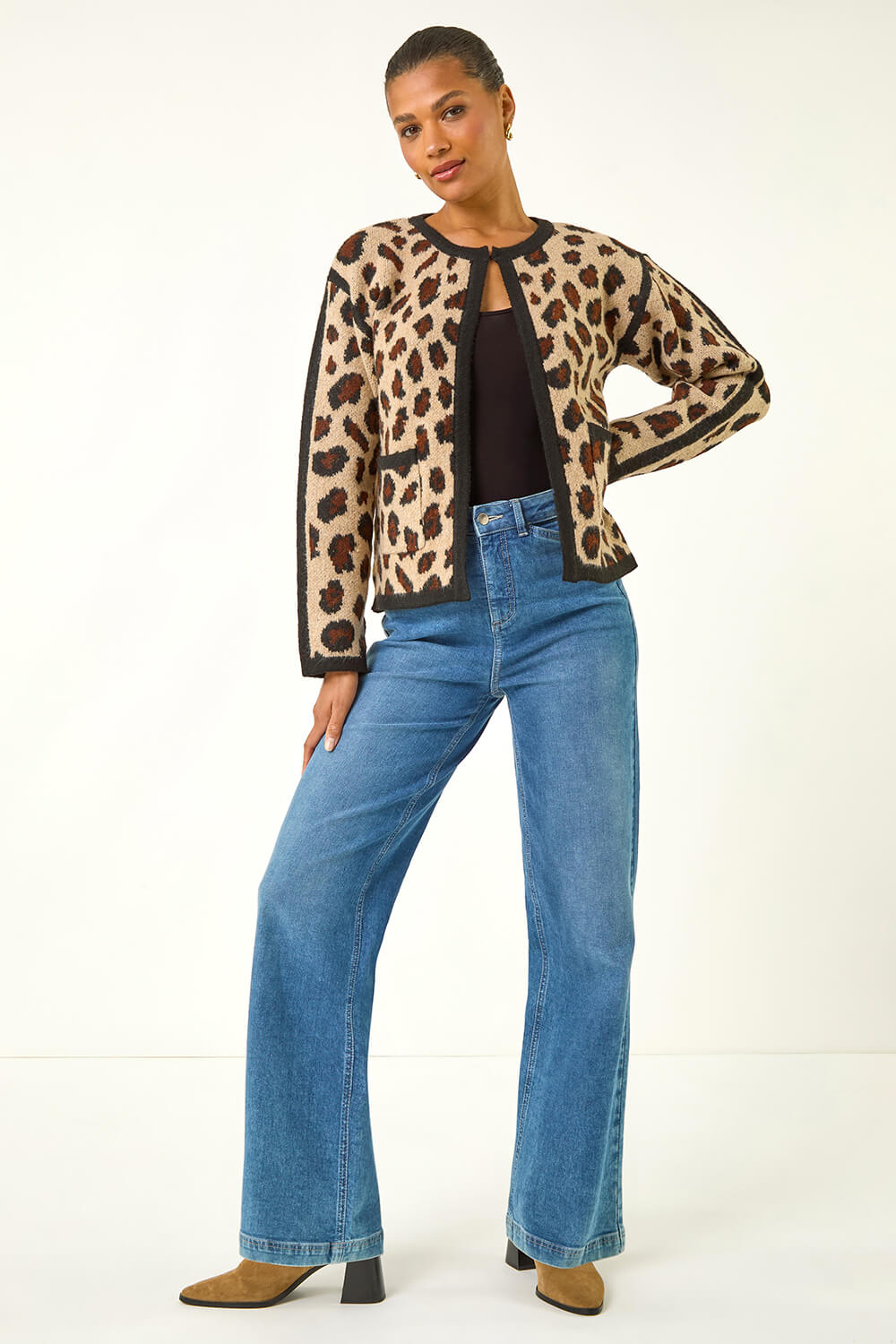 Natural Animal Print Knit Cardigan | Roman UK