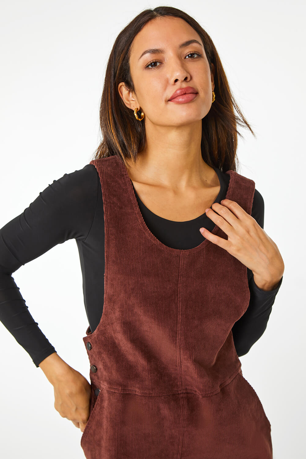 Button Corduroy Pinafore Dress in Chocolate - Roman Originals UK