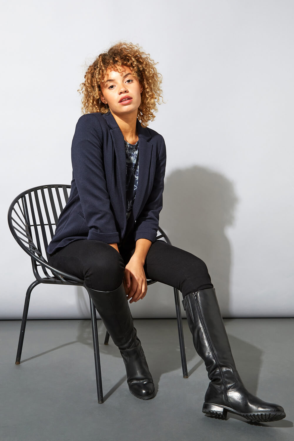 Ribbed 3/4 Sleeve Roll Cuff Jacket in Navy - Roman Originals UK