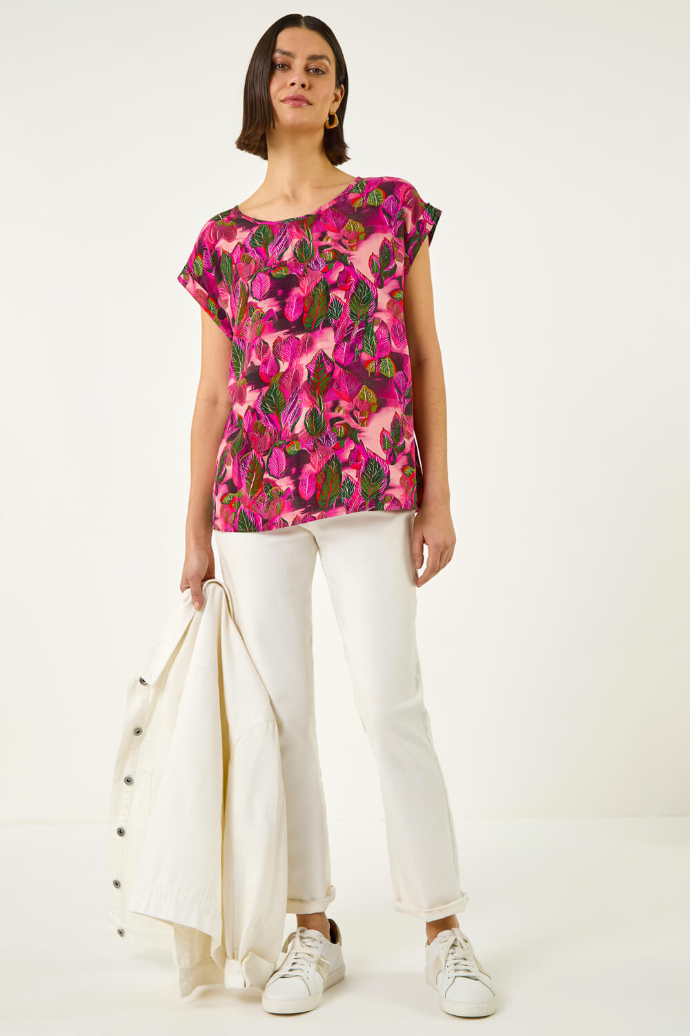 Pink Leaf Print Shell Top | Roman UK